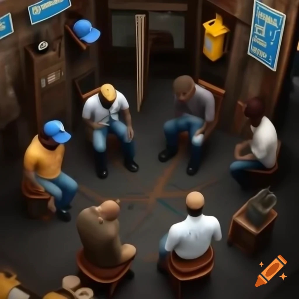 POV shot of small-town workers in rustic store with suited man pacing ...