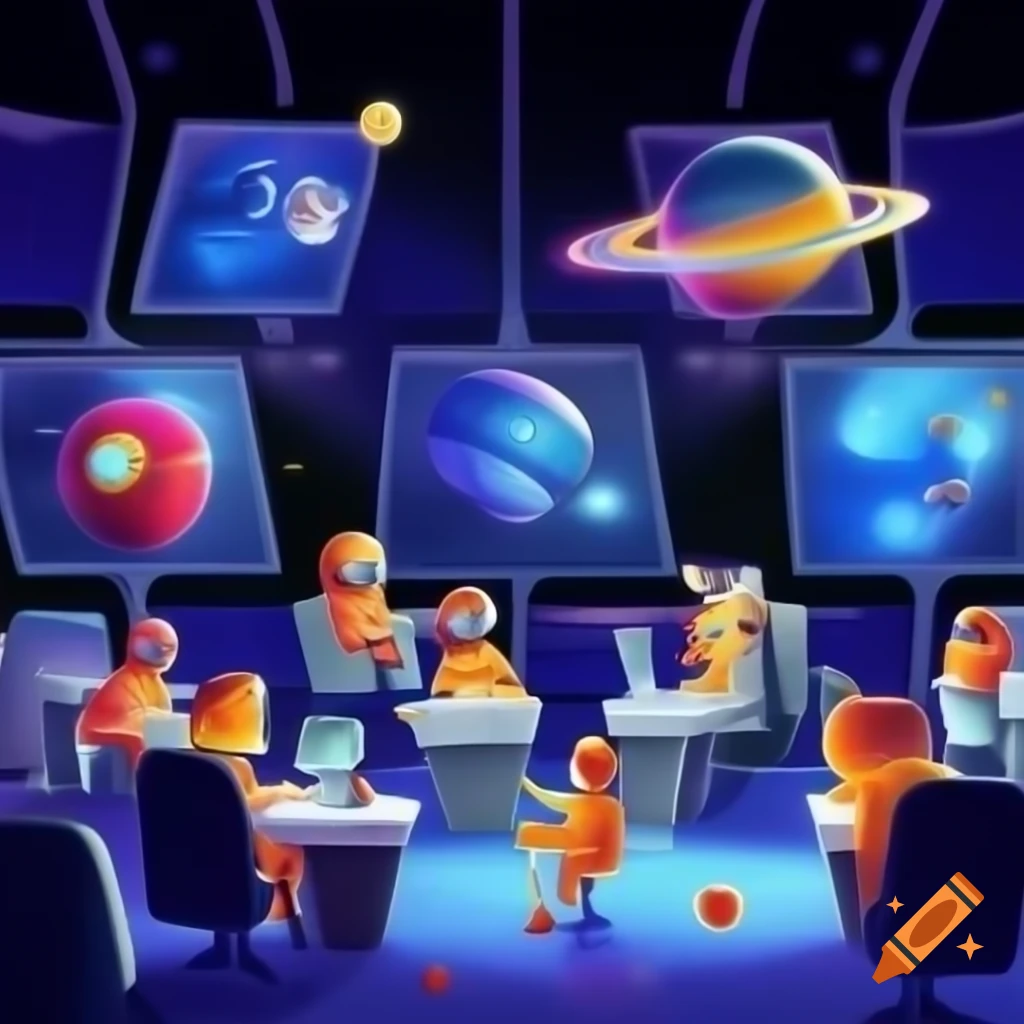 Cartoon-style NASA training center with astronauts and animated digital ...