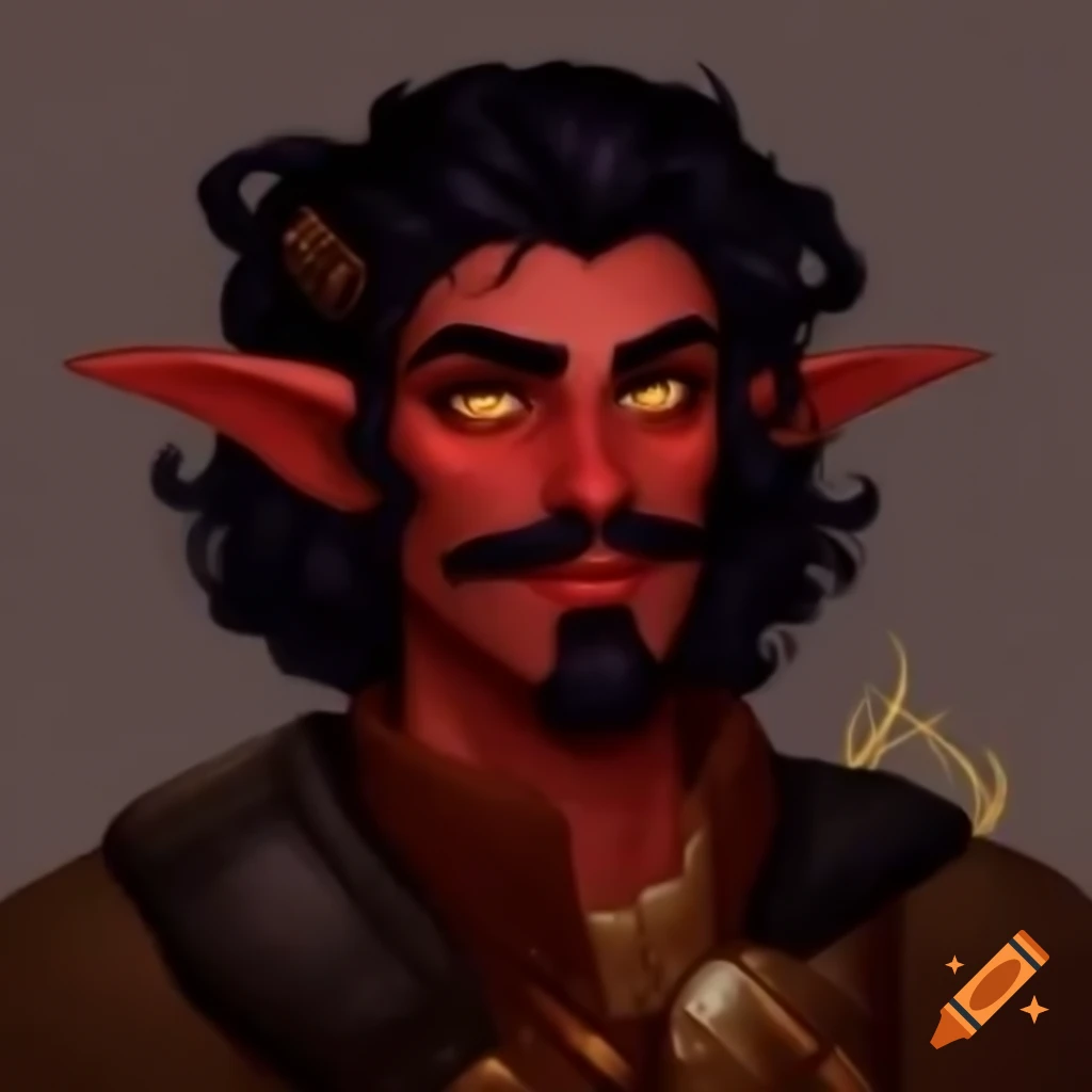 Well-groomed male tiefling bard with purple hair and red skin on Craiyon