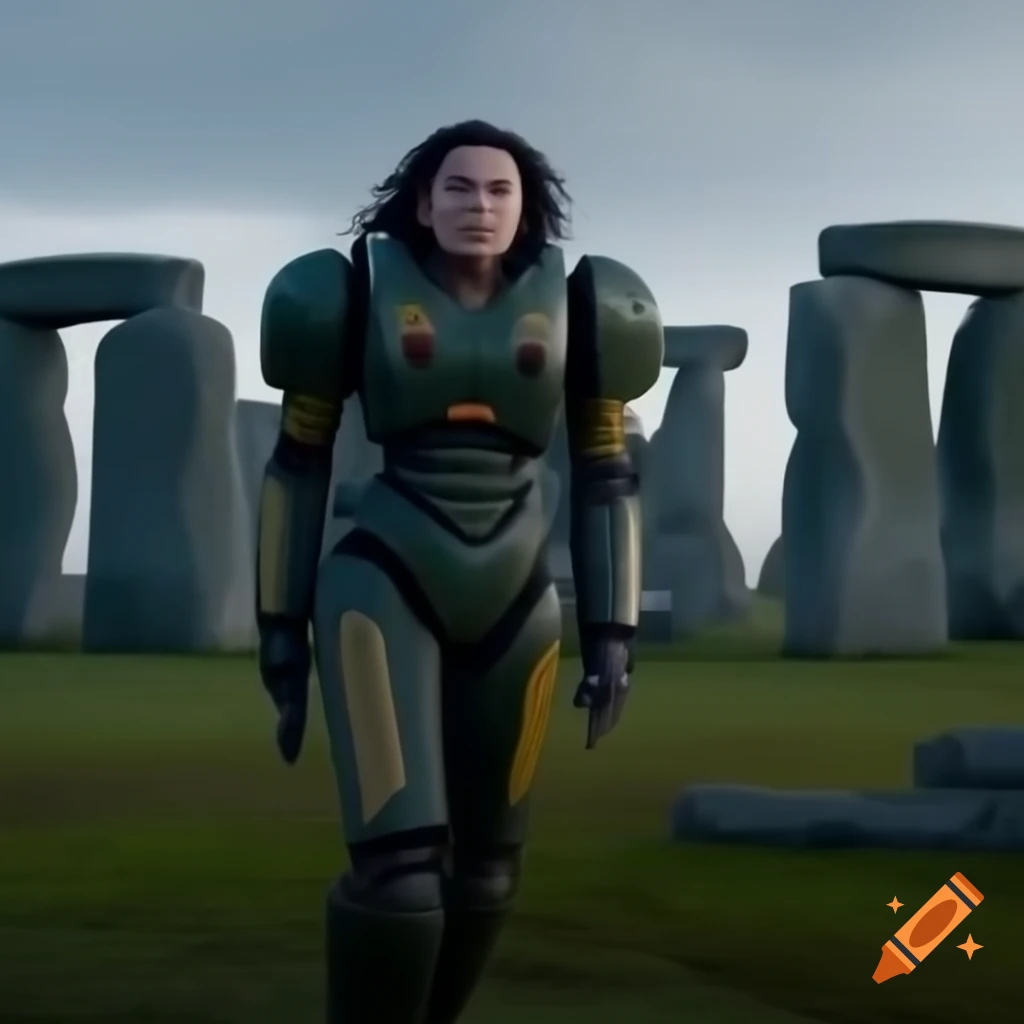 Indigo Children constructing ancient mech suit near Stonehenge on Craiyon