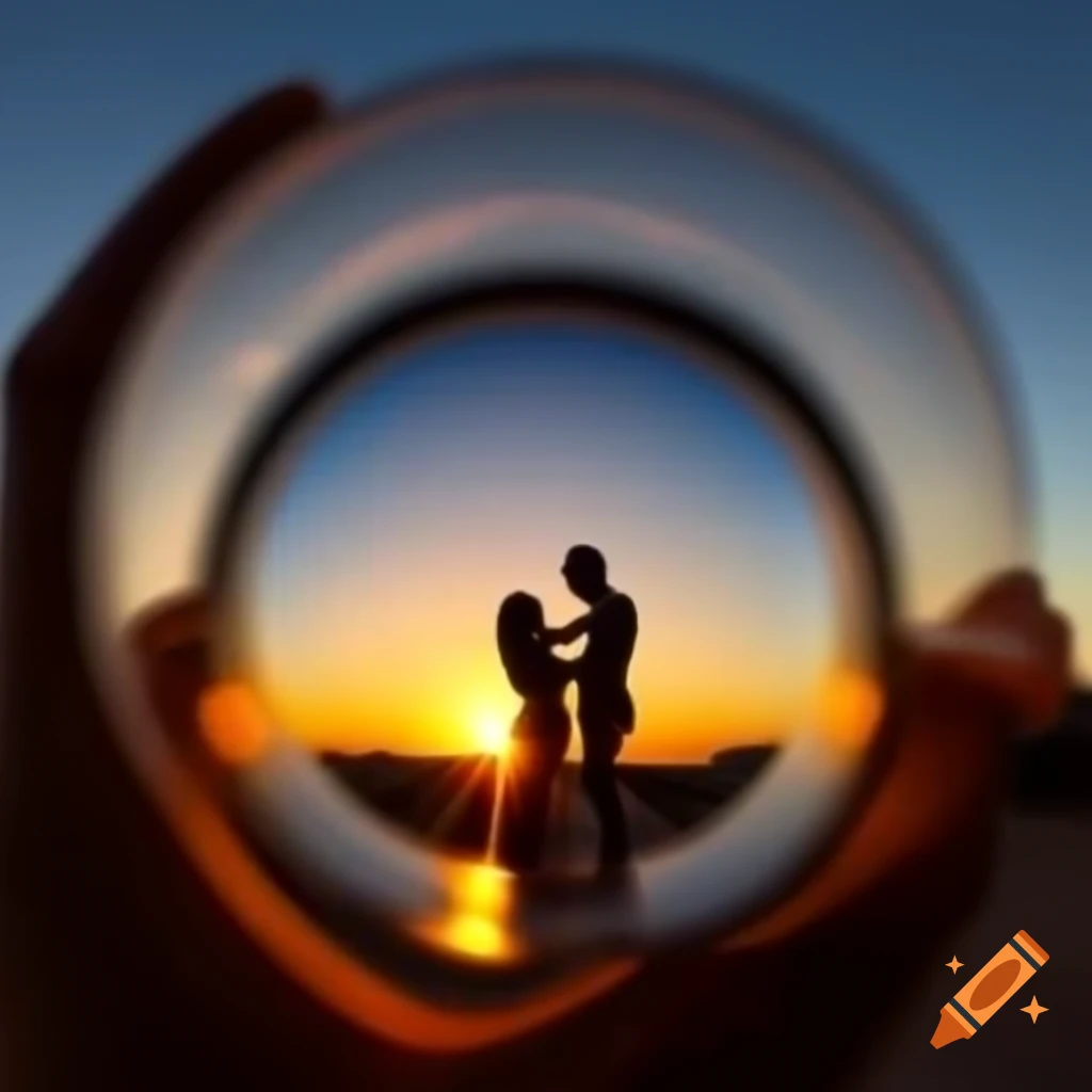 Couple dancing during golden hour with glass bottle in foreground on Craiyon