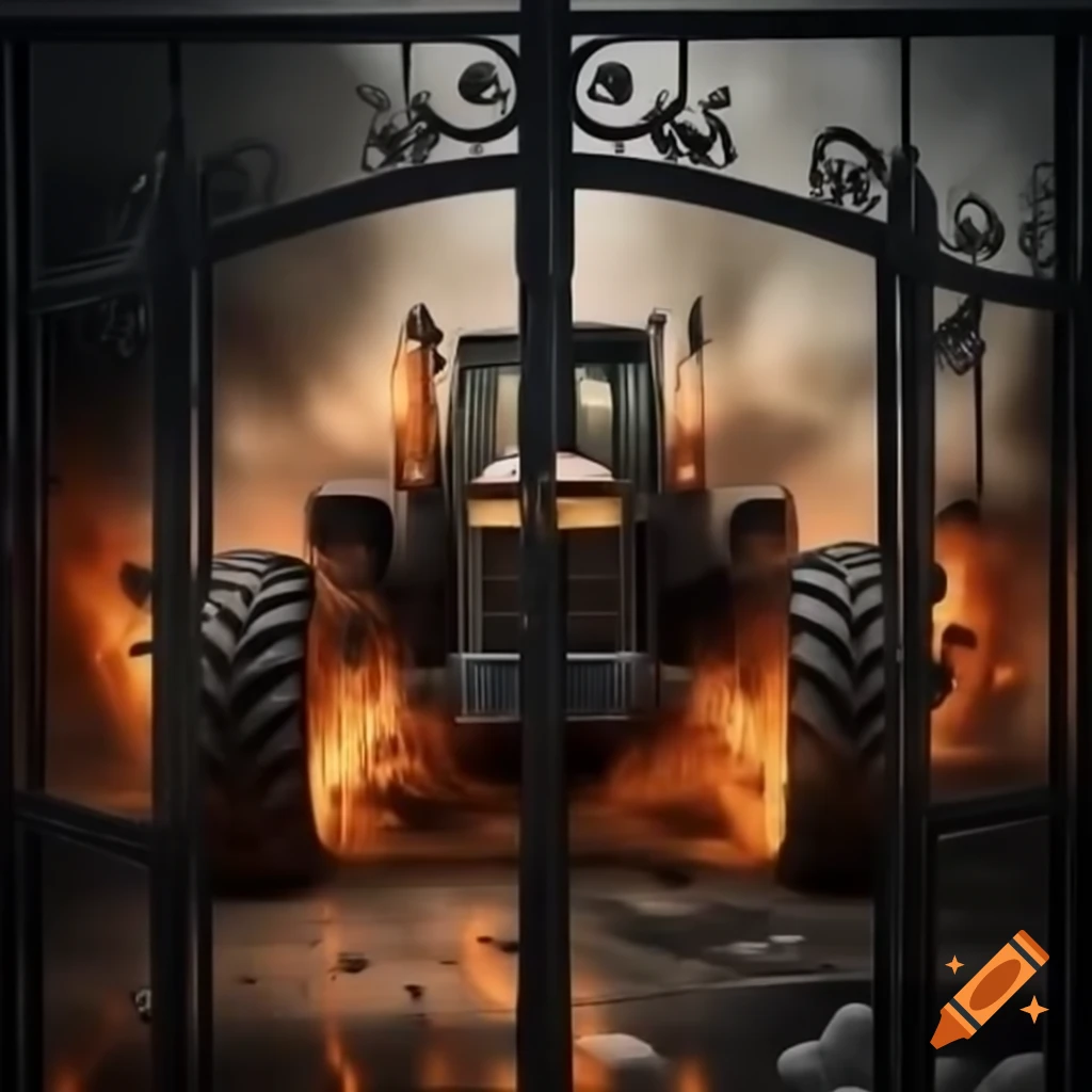 Coat of arms featuring a fierce flaming tractor smashing through iron ...