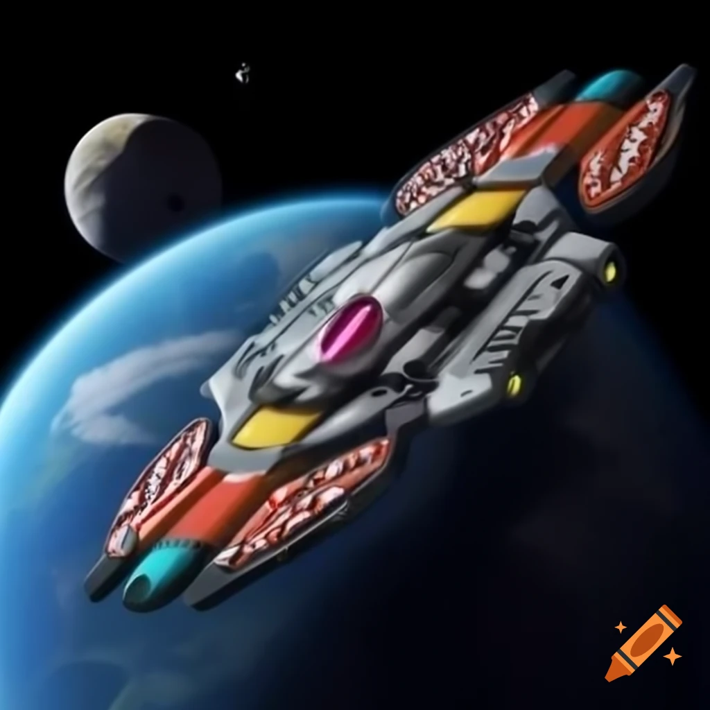 Futuristic spacecraft shaped like a croissant flying by a giant planet ...