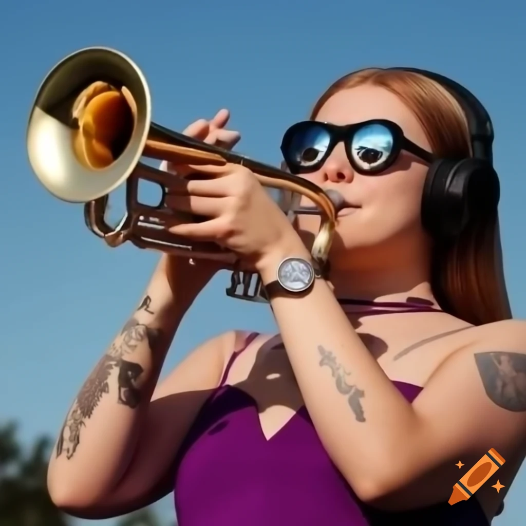 Emma playing jazz trumpet wearing purple clothing with butterfly tattoo ...
