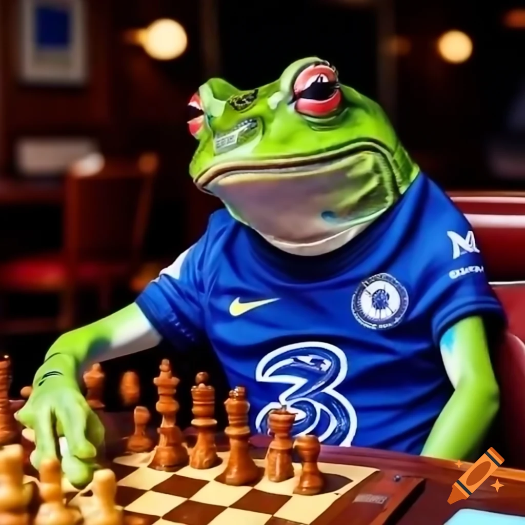 Two frogs in Chelsea FC jersey playing chess in a pub on Craiyon