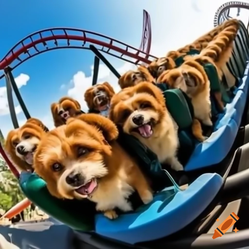 Dogs riding a roller coaster in a realistic and cool style on Craiyon