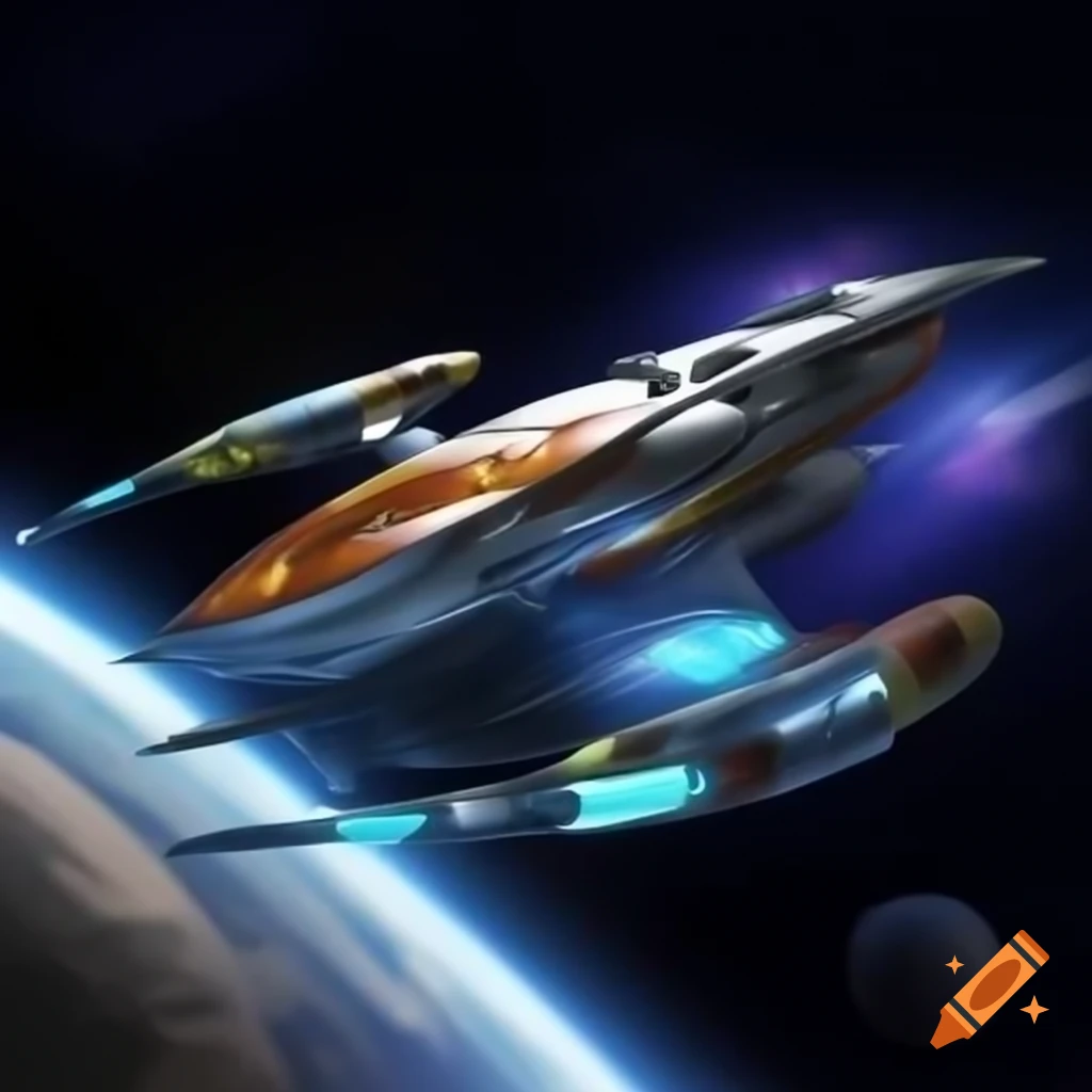 Futuristic croissant-shaped spacecrafts flying near giant planet with ...