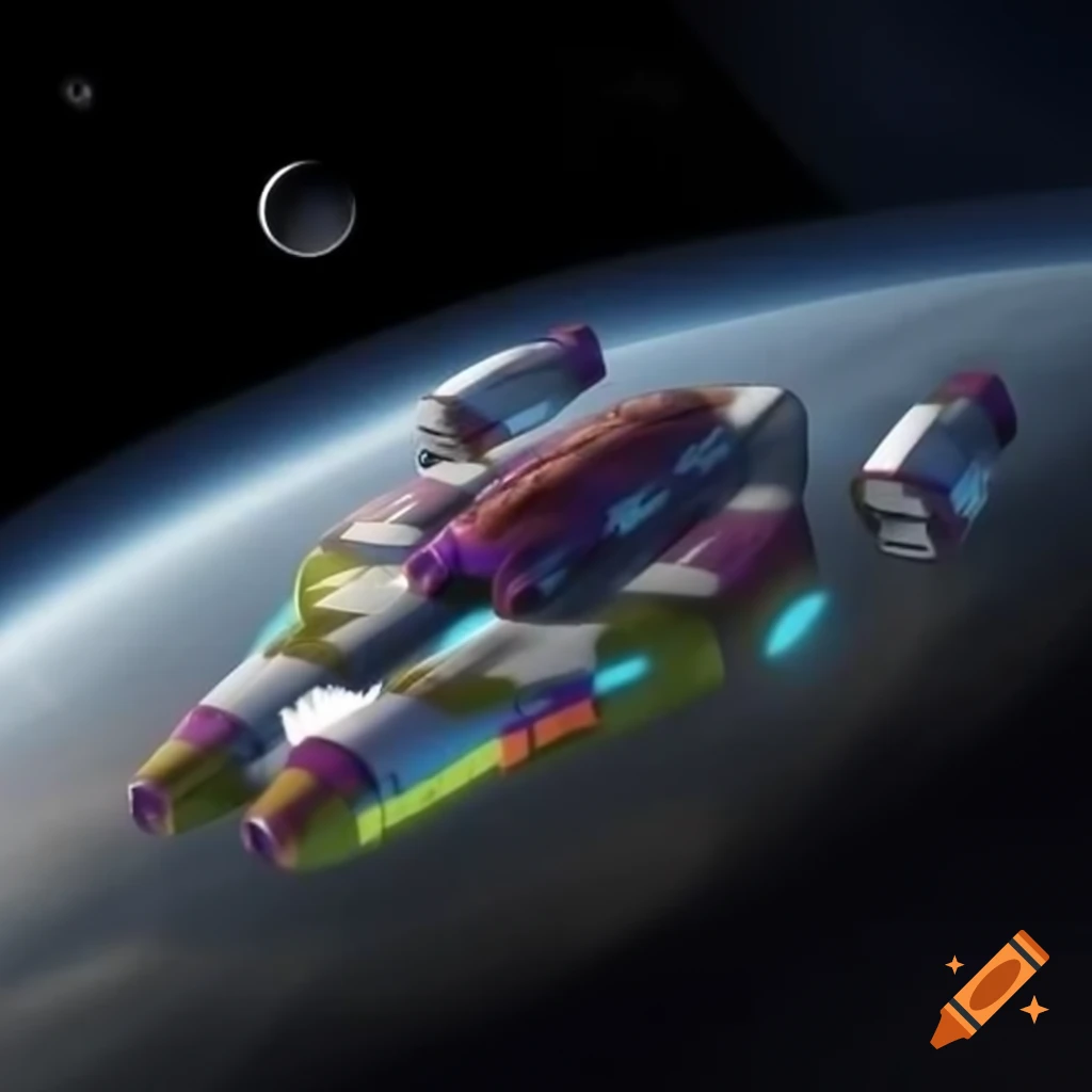 Futuristic spacecraft shaped like a croissant flying by a giant planet ...