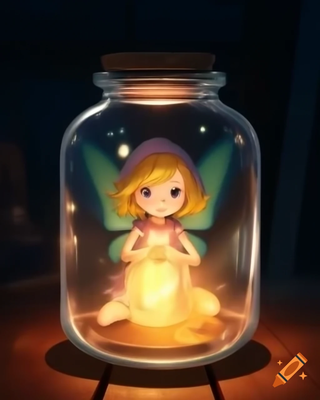 Glowing fairy girl in glass jar on wooden table, anime style on Craiyon