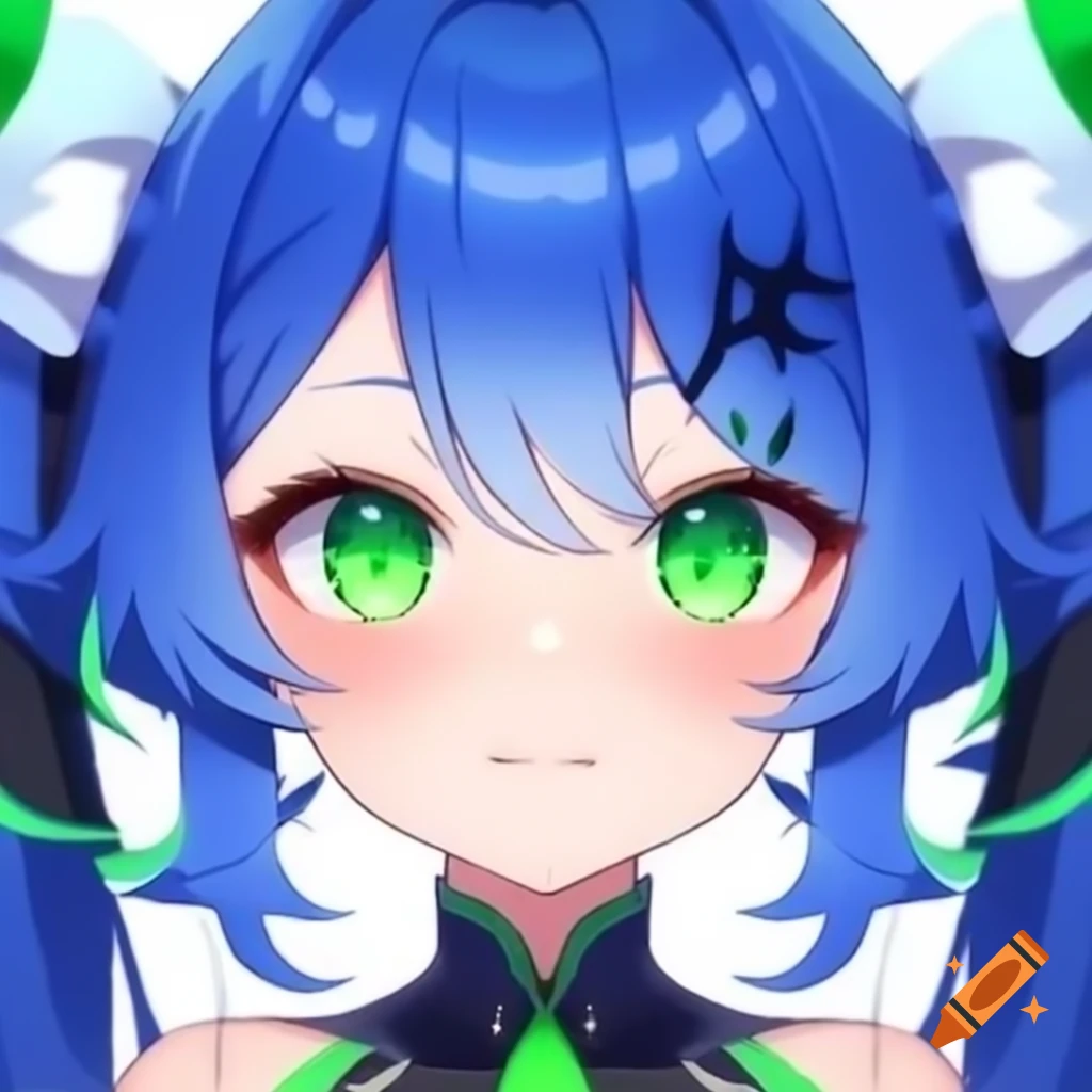 Cute anime VTuber character with blue hair and green eyes, half body on ...