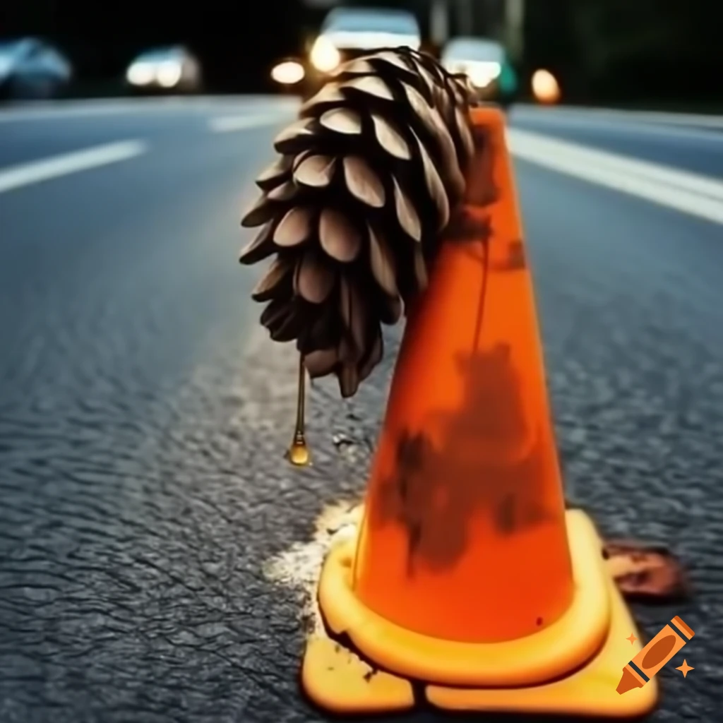 Upside down traffic cone with pinecone and dripping sap on Craiyon