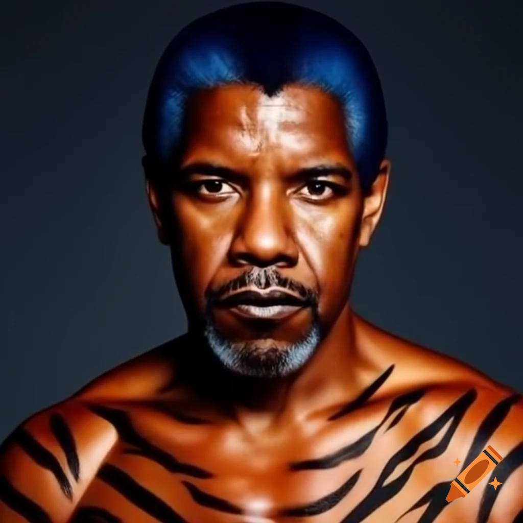 Muscular man with tiger-style makeup featuring blue hair and orange ...
