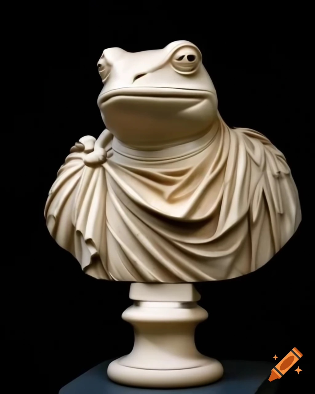 Greek marble bust of anthropomorphic frog in tunic on Craiyon