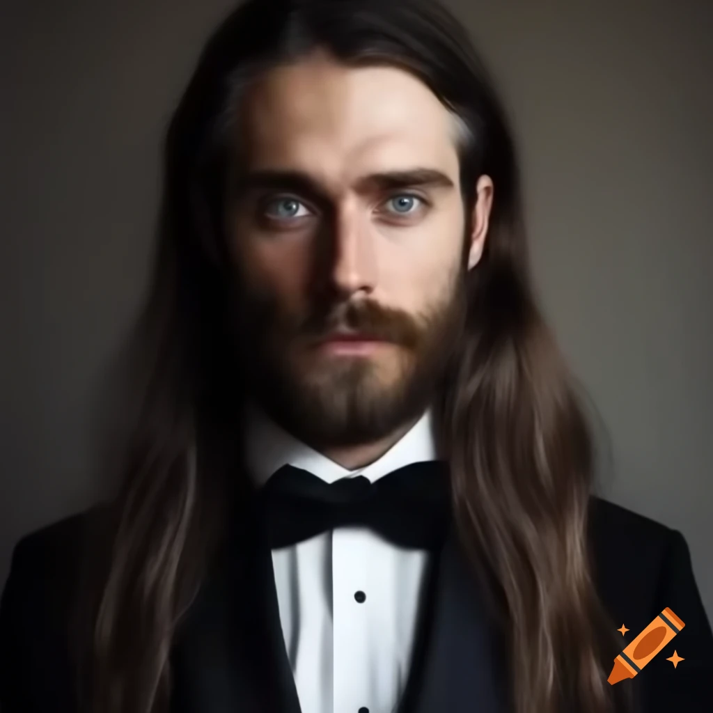 Skinny kind man in tuxedo with long hair on Craiyon