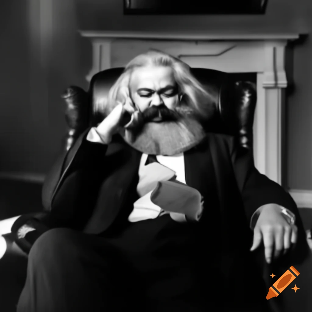 Karl Marx in business suit sitting in leather chair, showing ...