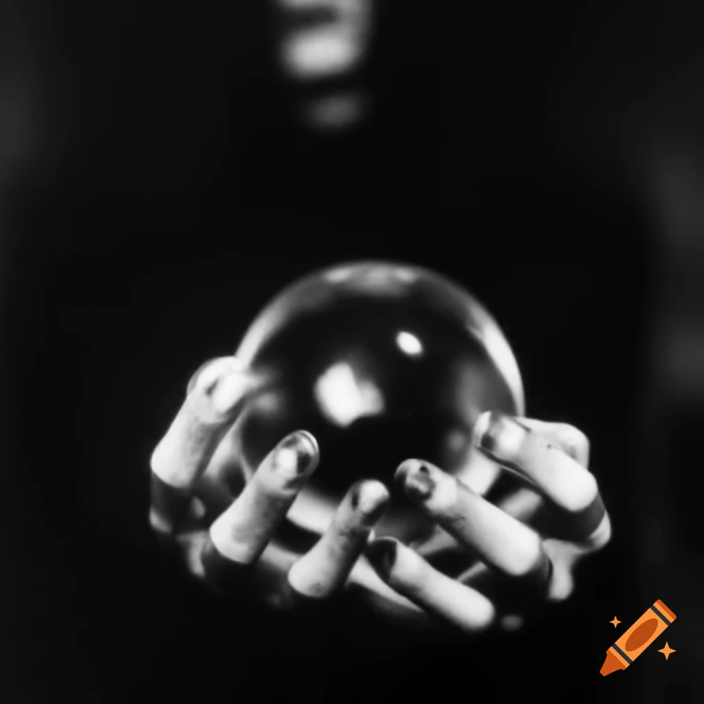 Abstract black and white closeup of demon hands around crystal ball on ...