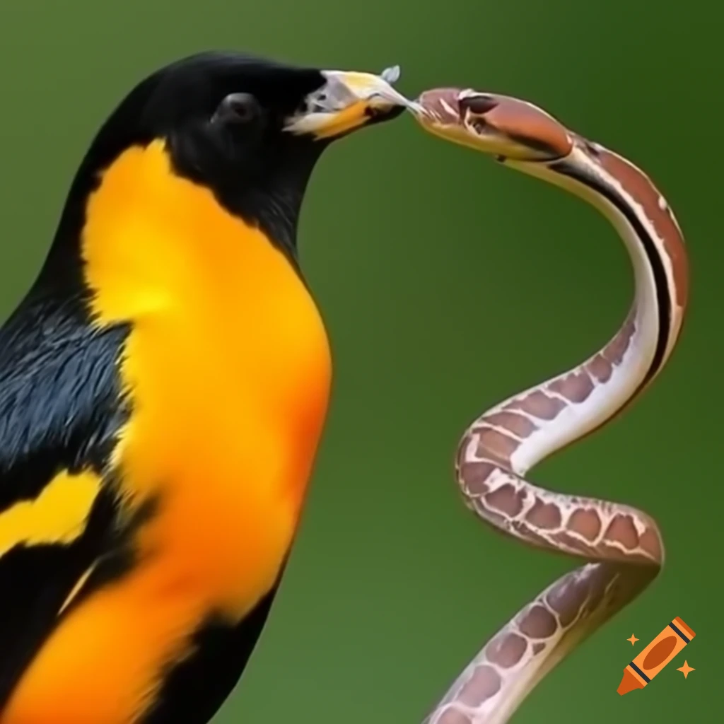 Oriole bird holding diamondback snake in its beak on Craiyon