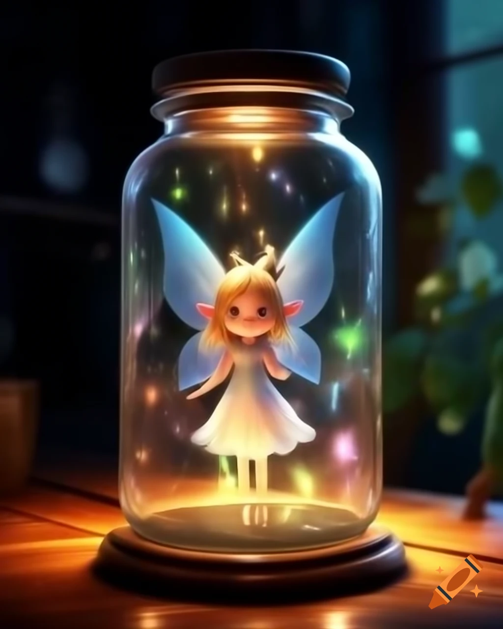 Glowing fairy girl in glass jar on wooden table, anime style on Craiyon