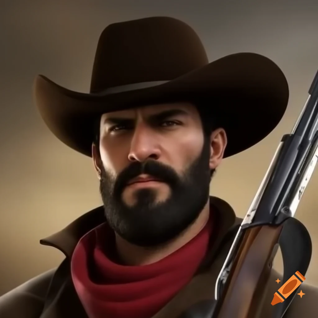 John Marston character with large beard, cowboy hat, and pistol on Craiyon