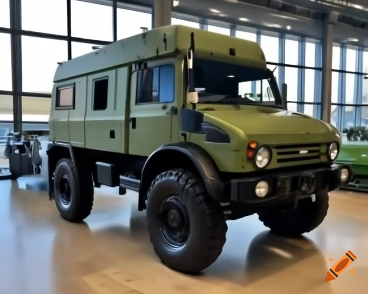 2025 Unimog 4X4 camper van parked in luxurious showroom, front view on ...