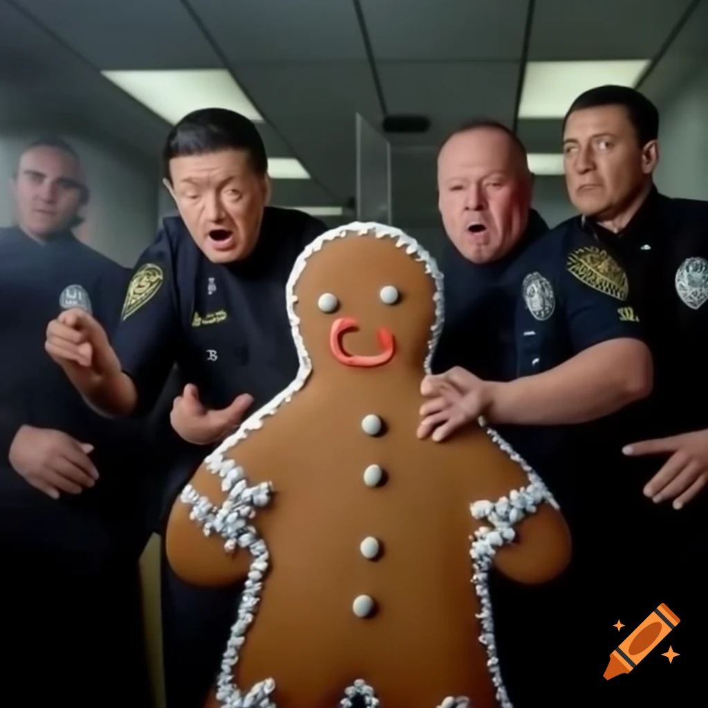 Gingerbread man in ginger room interacting with police officers on Craiyon