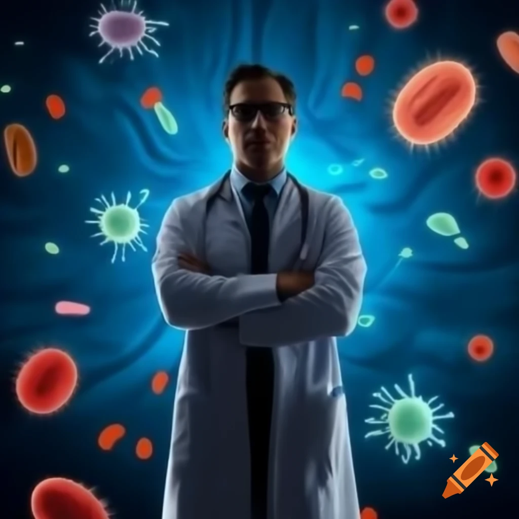 Superhero doctor investigating microorganisms under microscope on Craiyon
