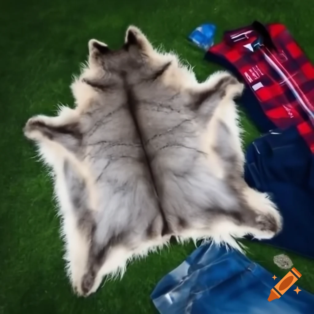 Silver-grey werewolf pelt on grass with plaid shirt and jeans nearby on ...