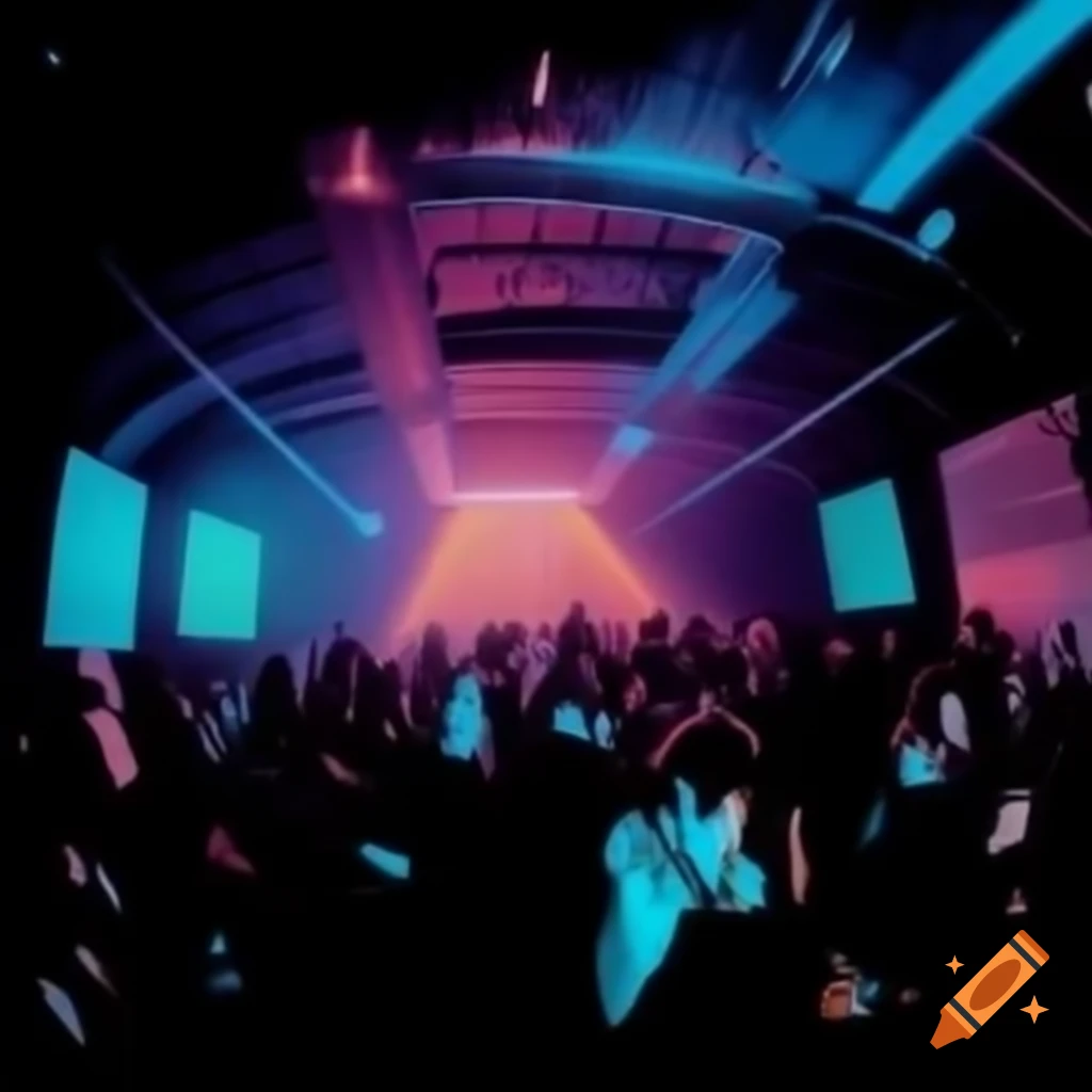 Techno house party scene from 1993 with vibrant lasers and light shows ...