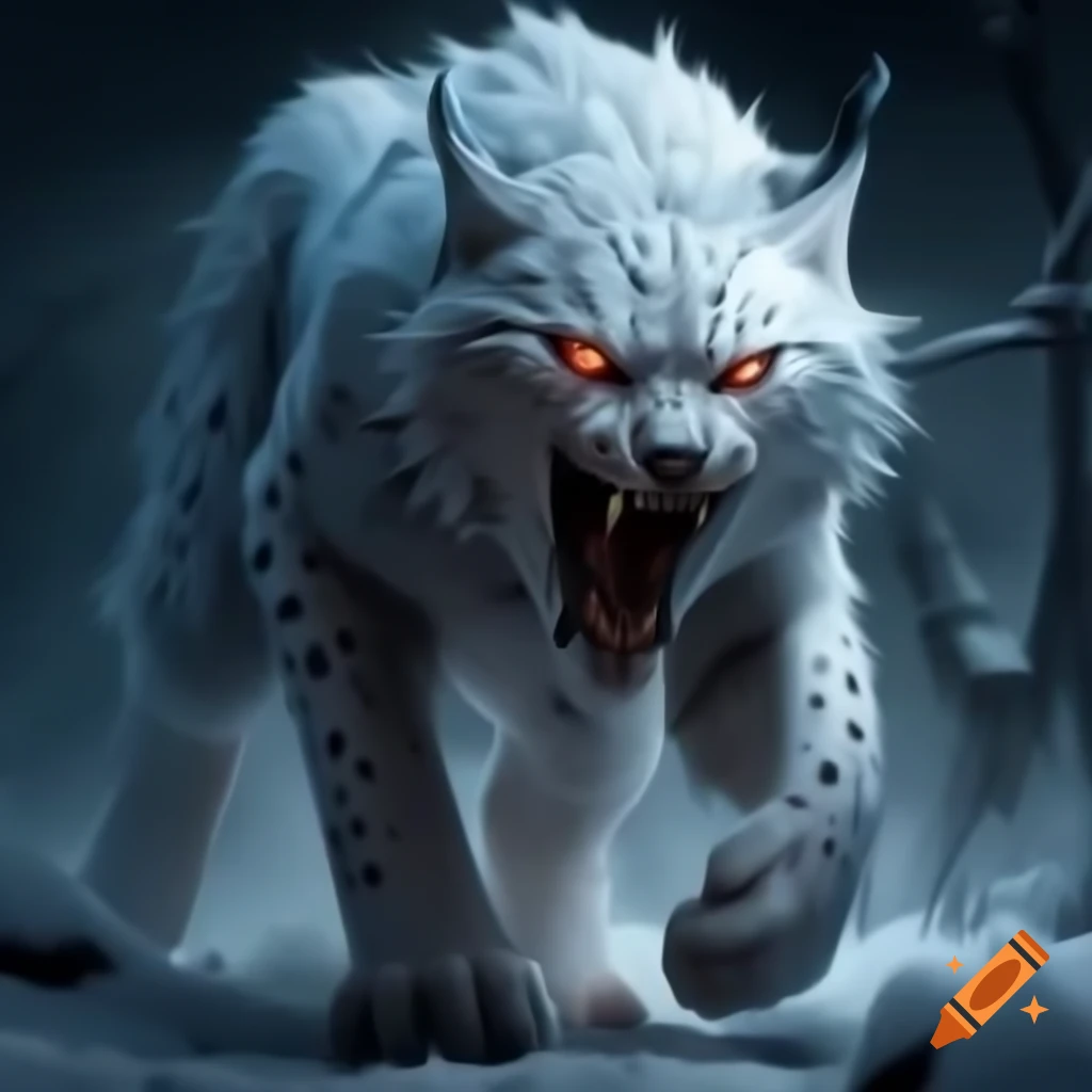 Demonic snow lynx with aggressive snarl and oozing black streaks on Craiyon