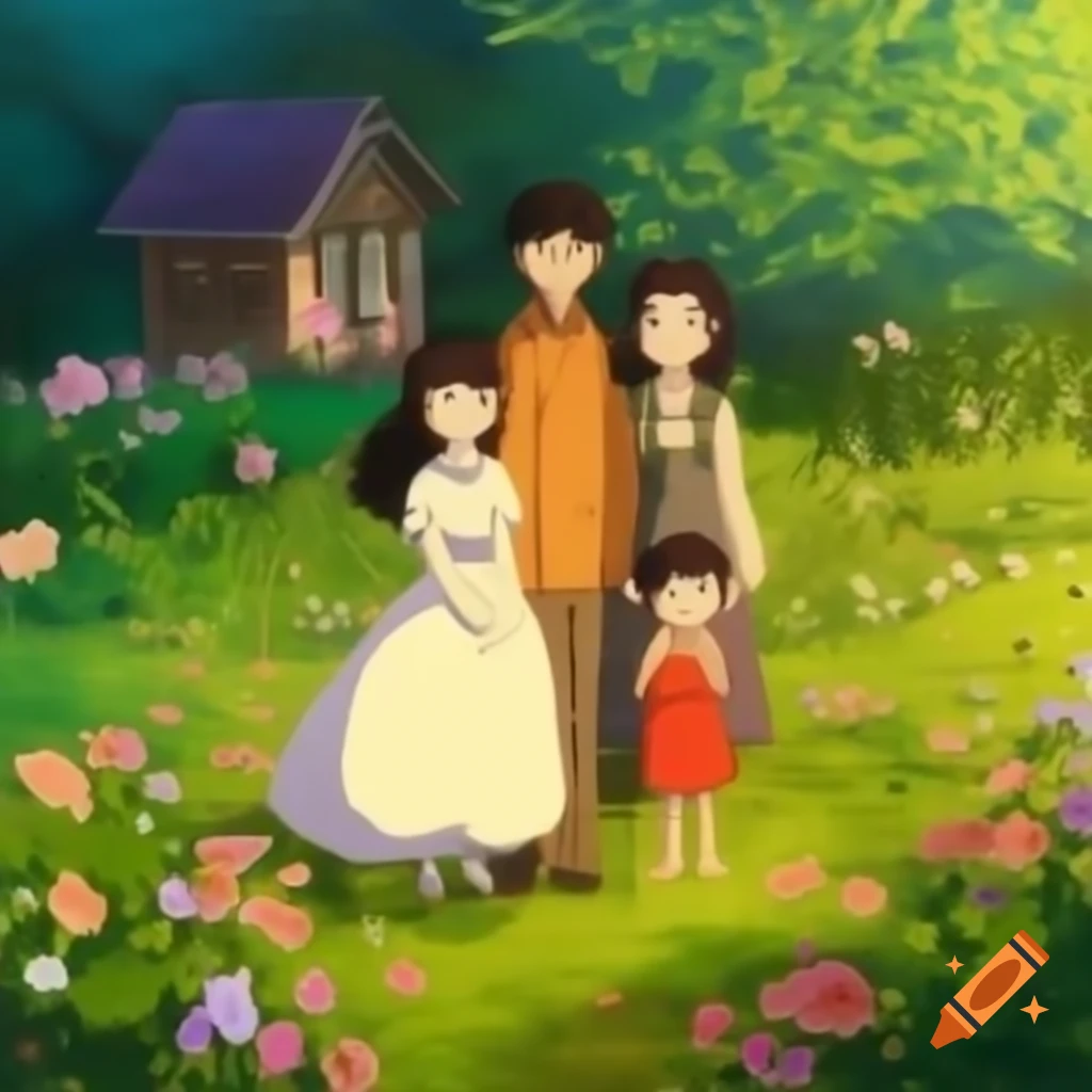 Family portrait in Studio Ghibli style in magical garden with flowers ...