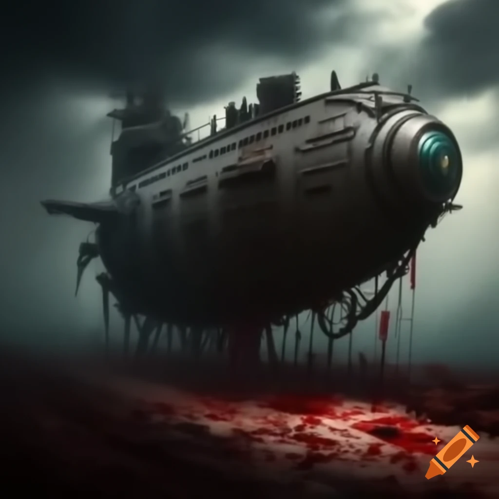 Ghostly steampunk submarine with white paint and dried blood stains on ...