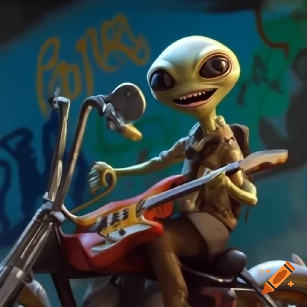 Psychedelic alien riding Harley and playing guitar against graffiti ...