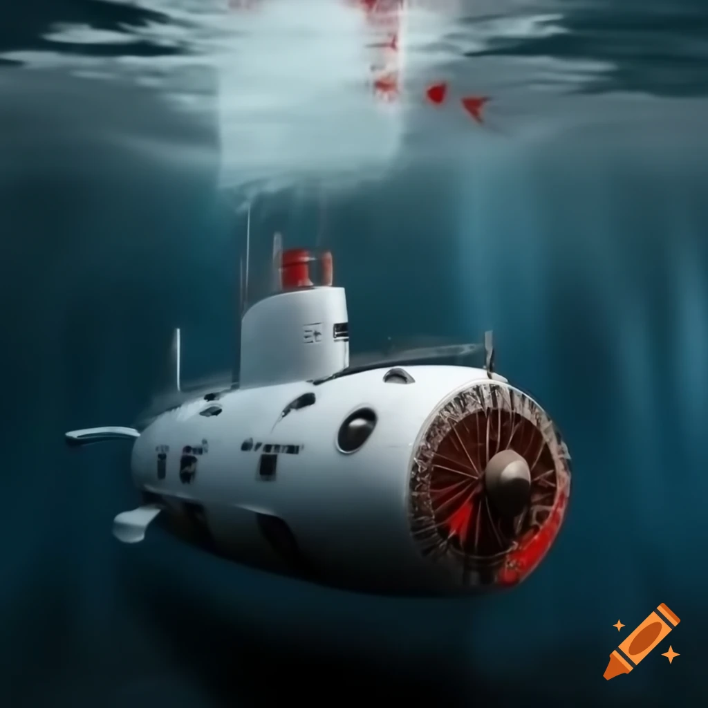 Eerie white steampunk ghost submarine underwater with red stains on Craiyon