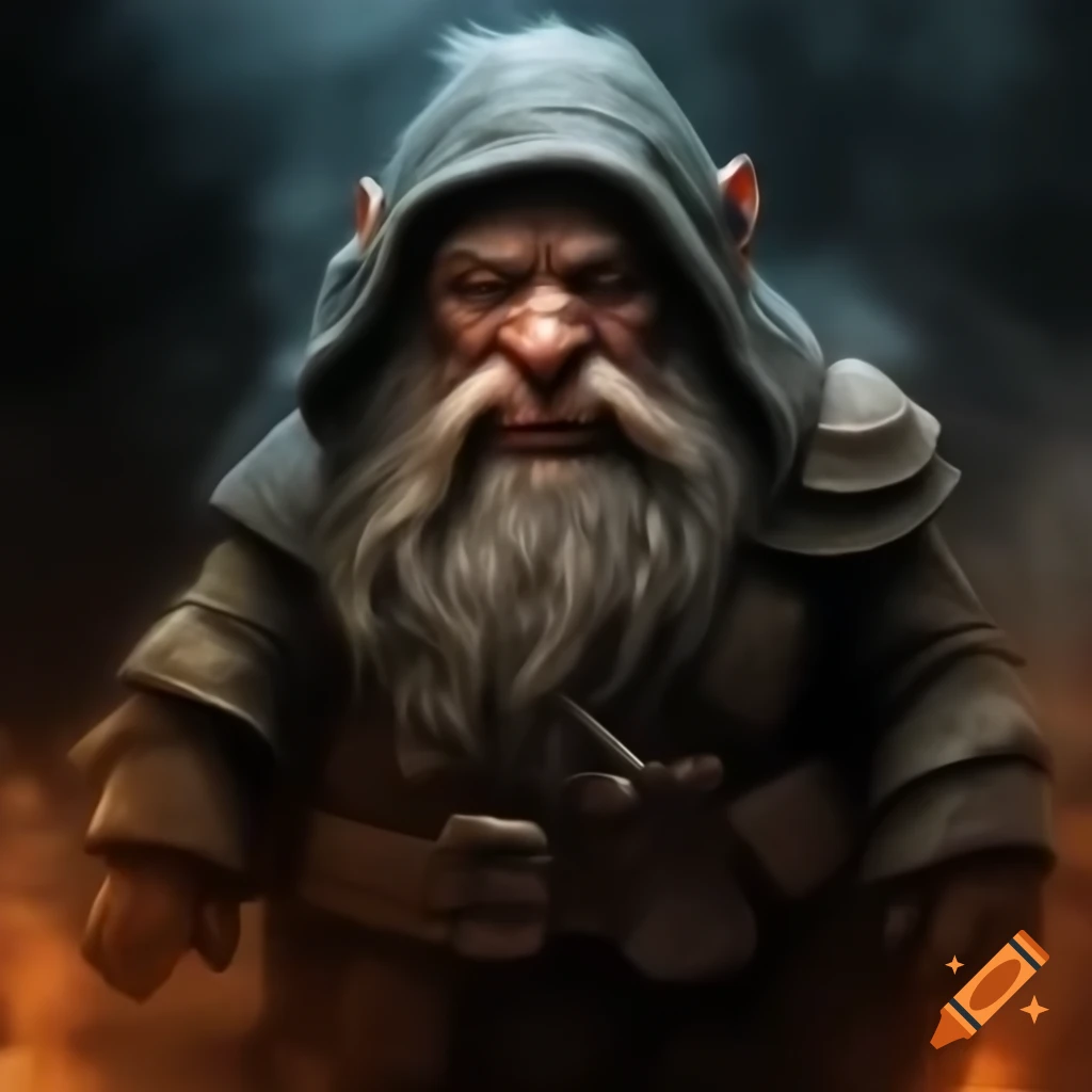 Gloomy scene of old dwarf in ash-colored cloak surrounded by smoke ...