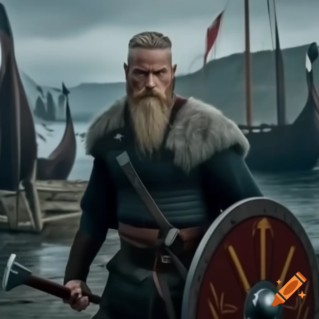 Viking near dock with Viking ships and cargo on Craiyon