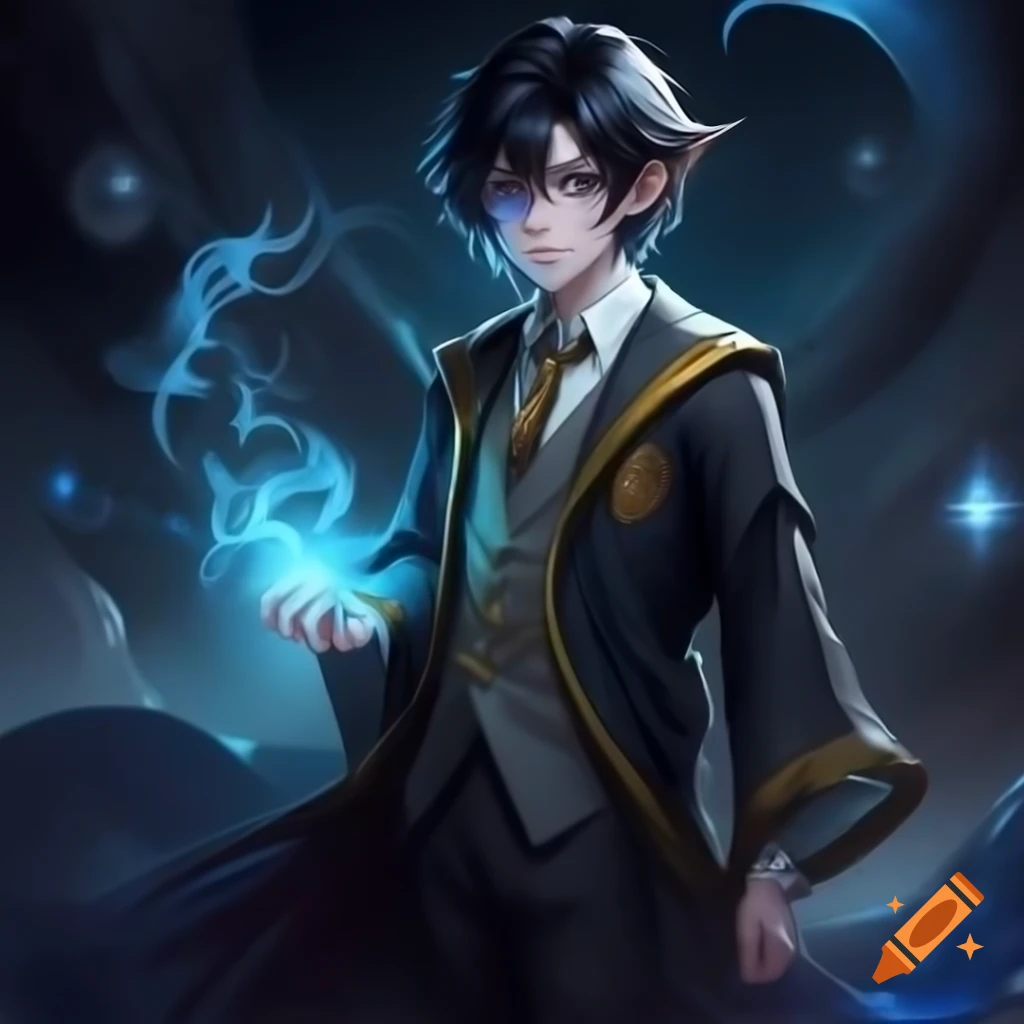Anime-style young male wizard casting spell with night-blue eyes on Craiyon