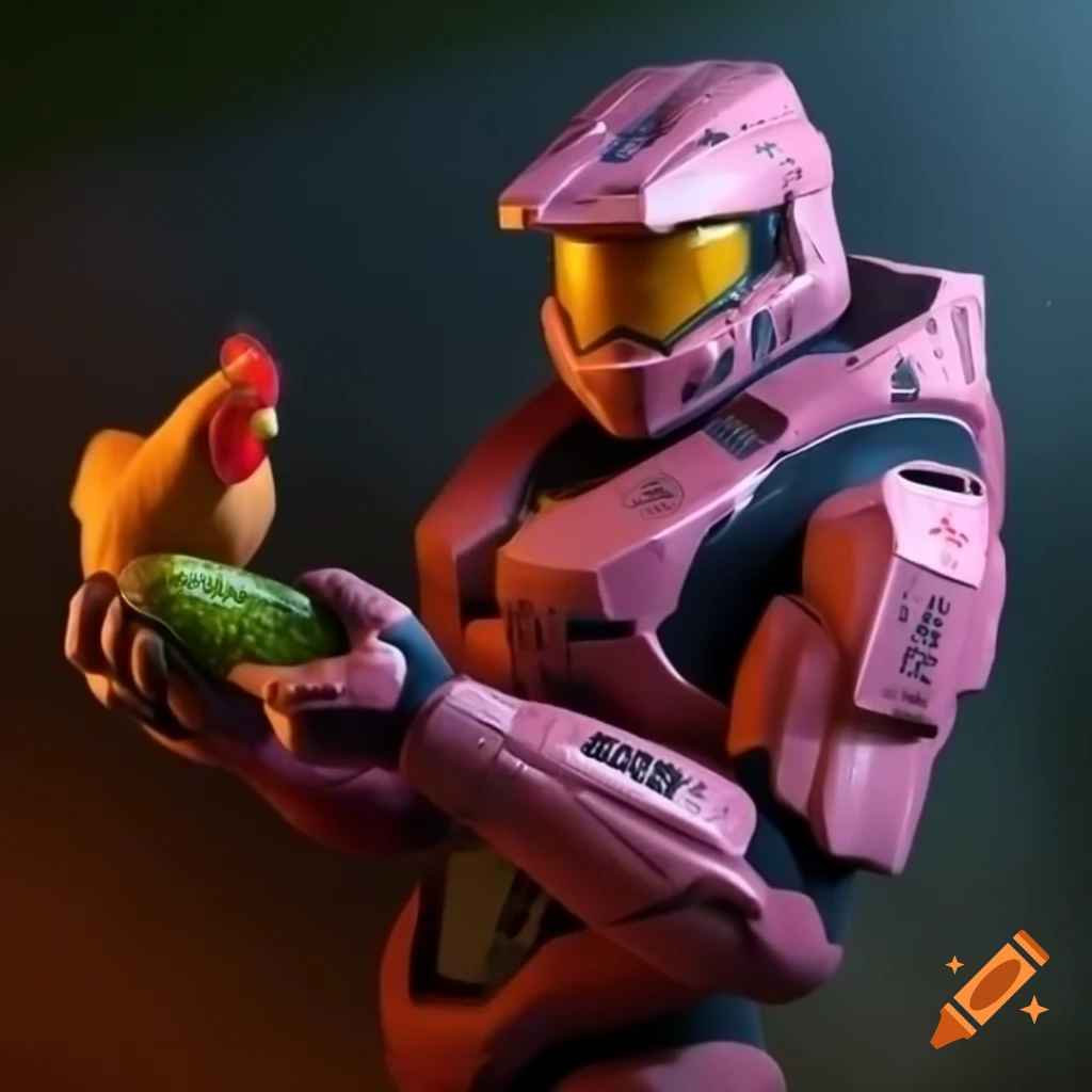 Pink Master Chief holding a pickle and a chicken on Craiyon