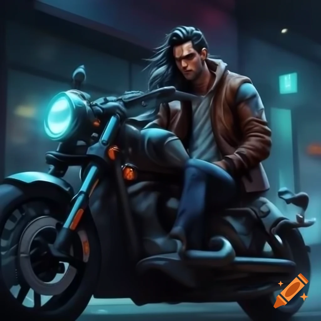 Cyberpunk motorcycle gang in dark bomber jackets and jeans on Craiyon