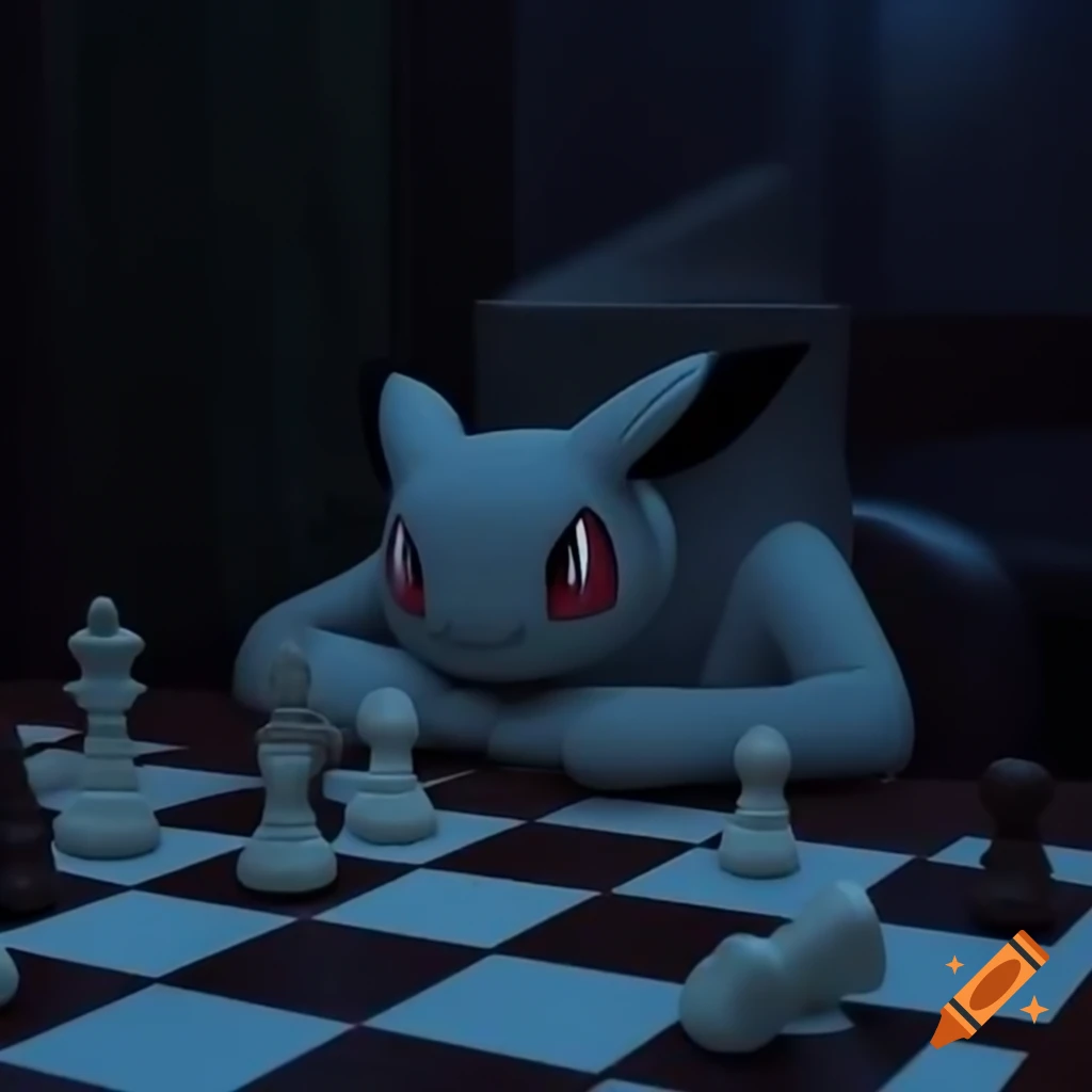 Two Pokemon engaging in a chess game in a dark atmosphere on Craiyon