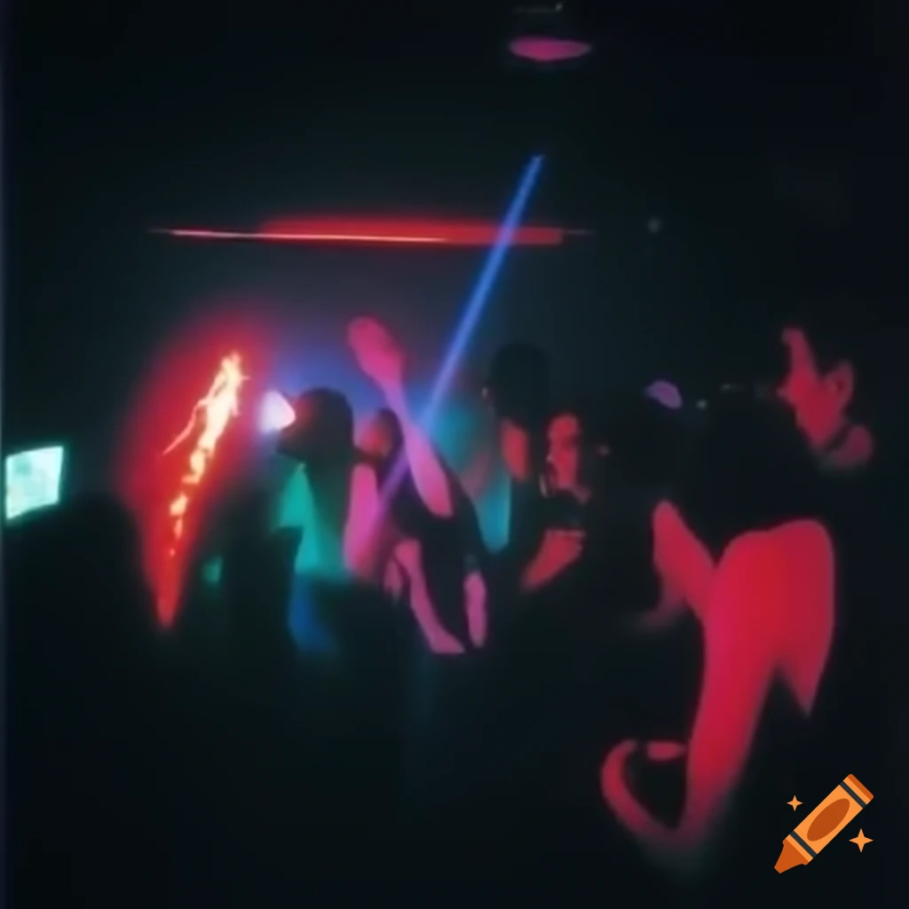 Techno house party in 1993 with colorful lasers and eerie vibes on Craiyon