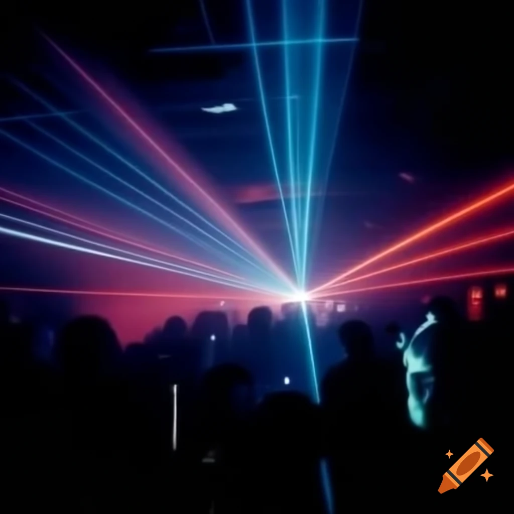 Techno house party in 1993 with colorful lasers and eerie vibes on Craiyon
