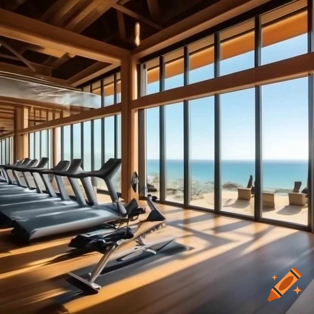 Oceanfront gym with large windows and stunning ocean views on Craiyon