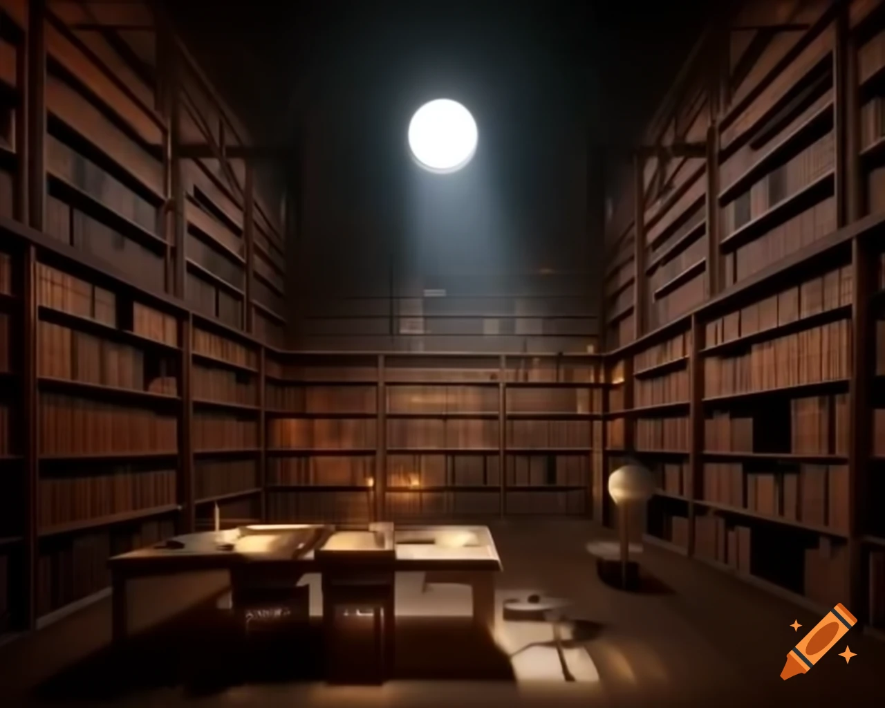 Ancient library softly lit by moonlight with an open book on wooden ...