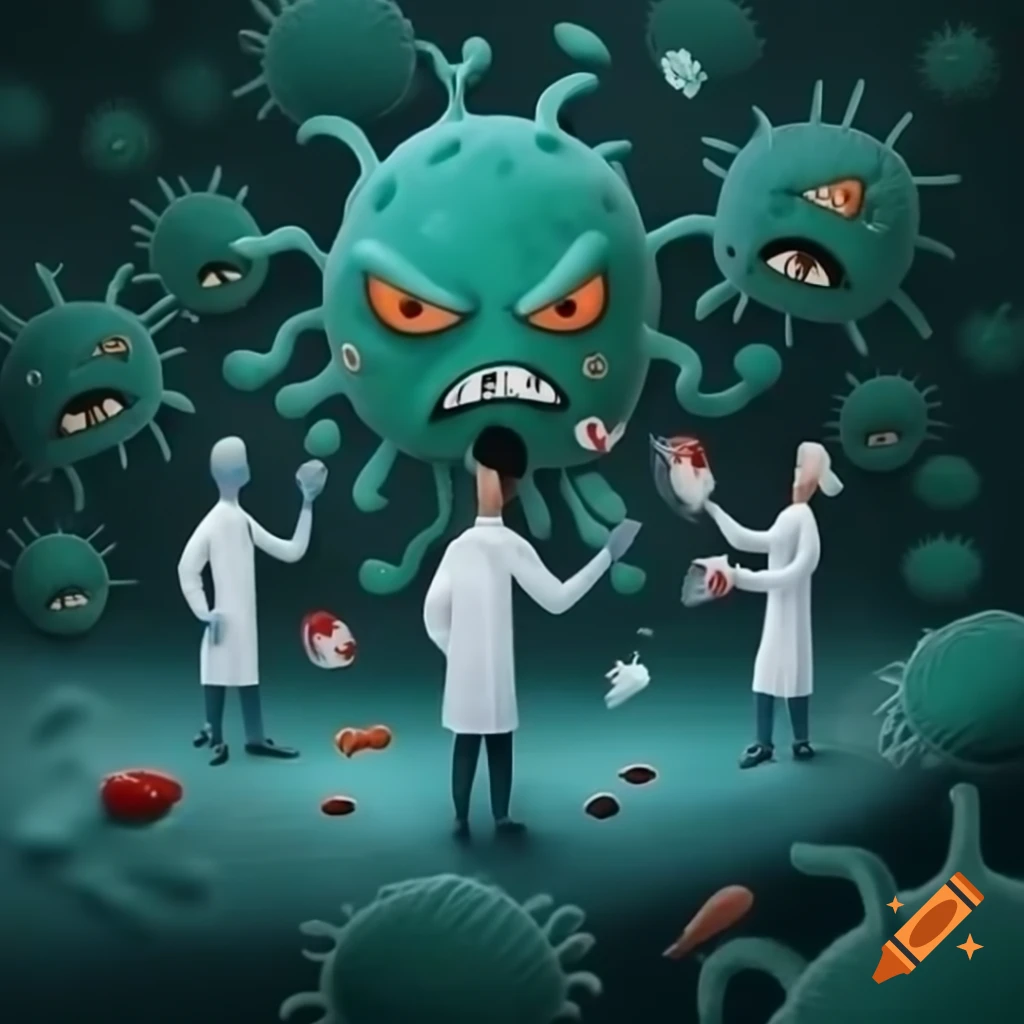 Mob of doctors in white coats confronting angry bacteria army on Craiyon