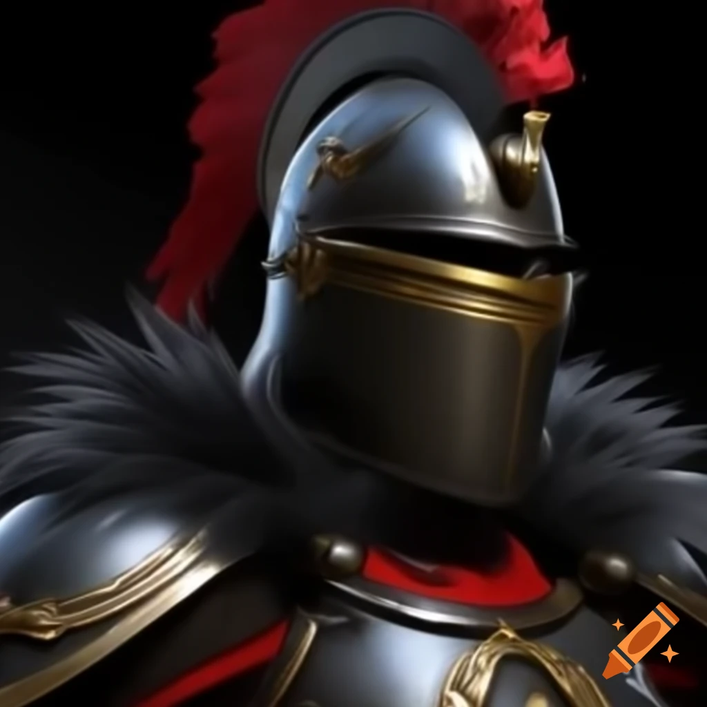 Baroque armor with red plume on helmet and black feather accents in ...