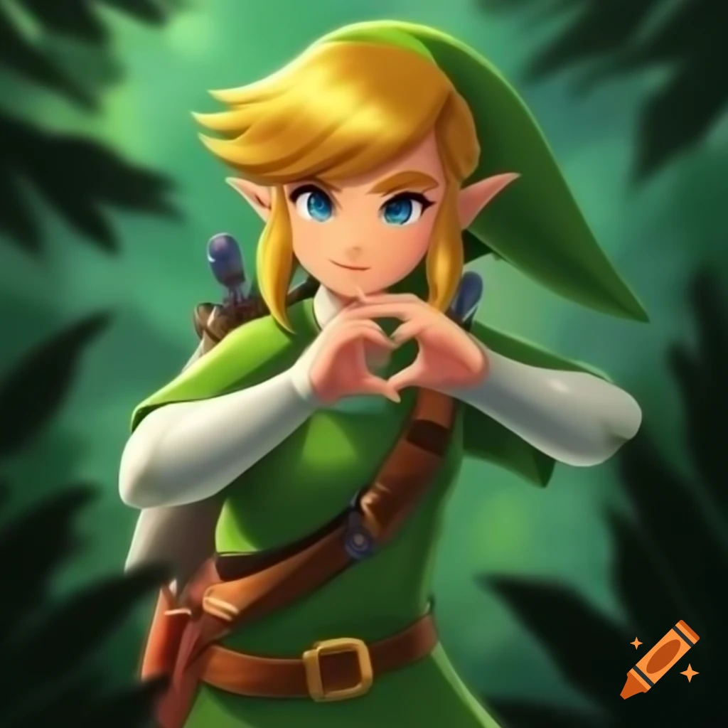 Female Link from Legend of Zelda playfully posing in a forest on Craiyon