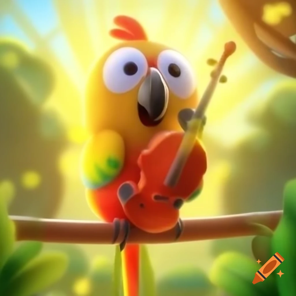 Colorful parrot with monocle and violin on swing in sunny garden on Craiyon