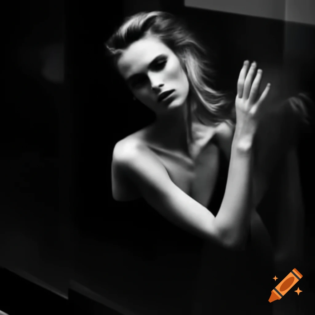 Fierce supermodel photographed through reflecting glass window in ...