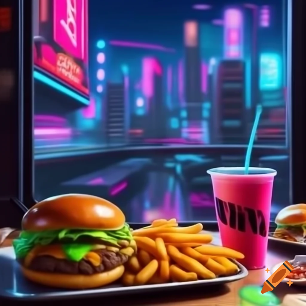 Vibrant cyberpunk skyline with street food scene featuring burgers ...