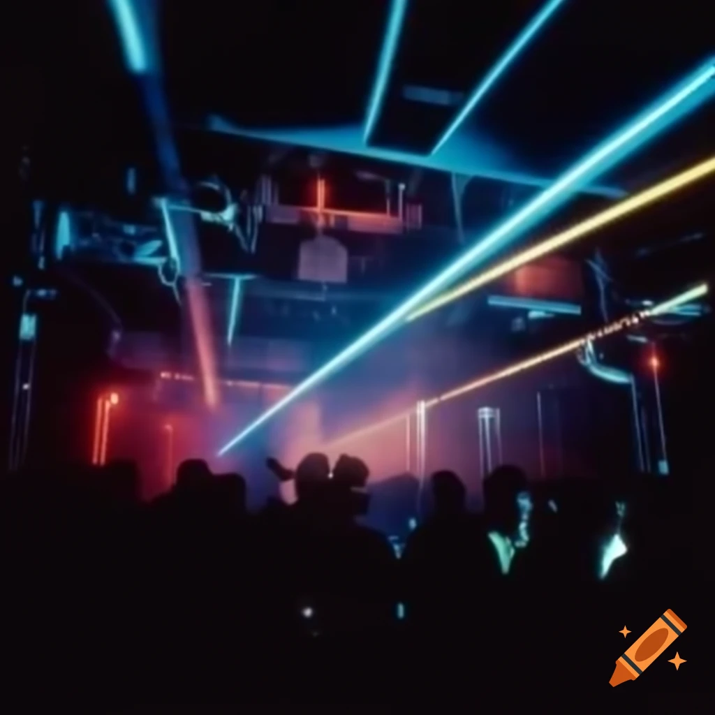 Techno house party scene from 1993 with vibrant lasers and light shows on Craiyon